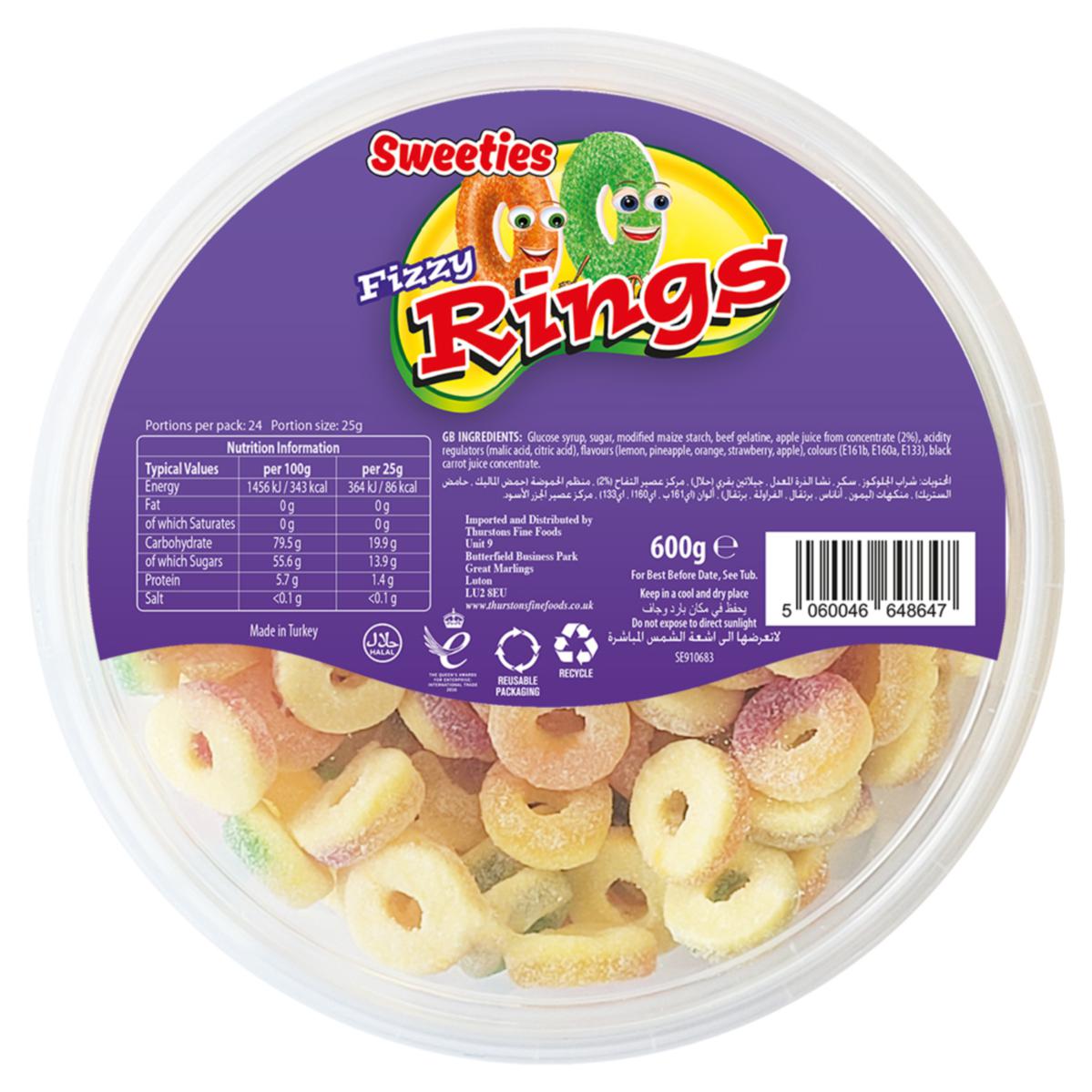 Wholesale Sweeties Halal Gummy Fizzy Rings Tub 600g - 4 Count | Appleton Sweets
